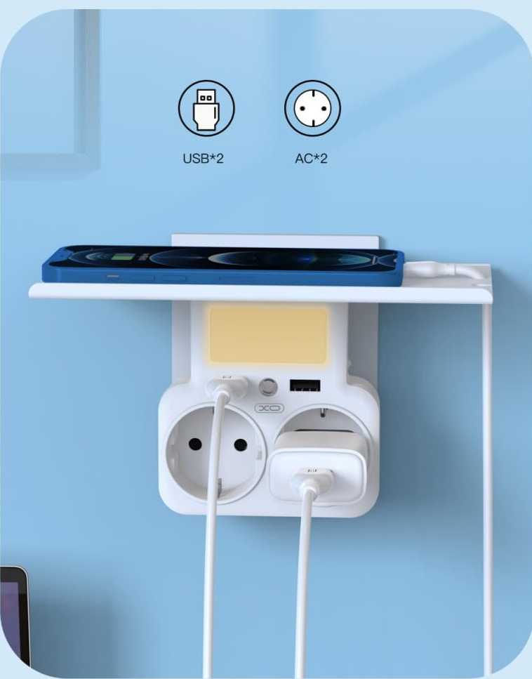 Priza portabila XO WL09 pentru interior, 2 prize, 2 porturi USB, lampa ...
